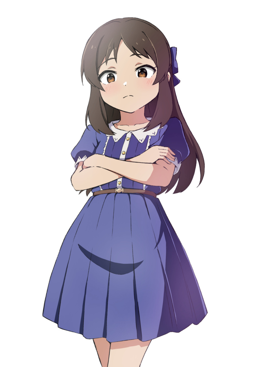 Safebooru - 1girl black hair blue bow blue dress bow brown eyes closed mouth cowboy shot crossed ...