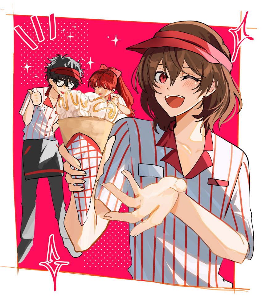 Safebooru - 1girl 2boys absurdres akechi gorou alternate costume amamiya ren black hair brown ...