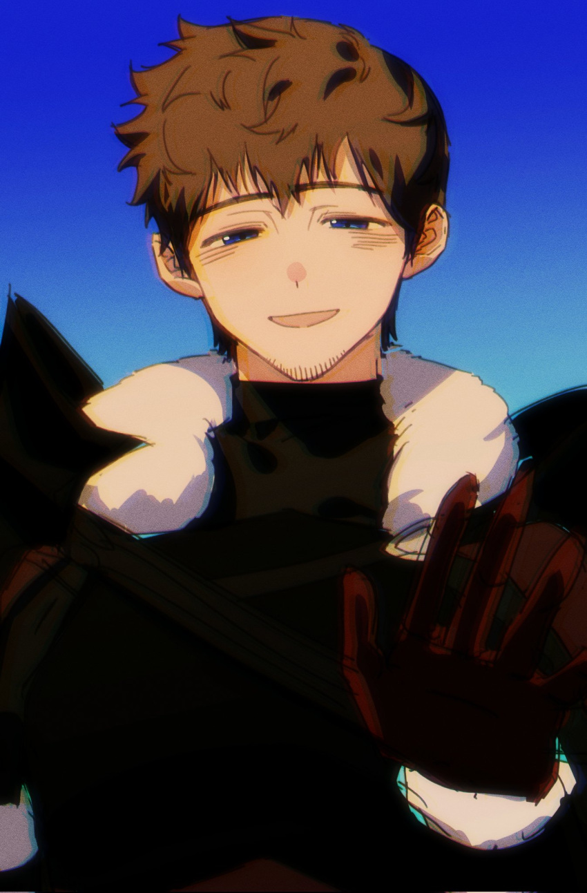 Safebooru - 1boy :d ardbert hylfyst armor blue background blue eyes brown hair final fantasy ...