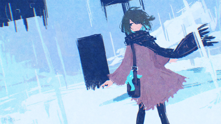 Safebooru - 1girl absurdres ayn (rnna) bag black pants black scarf blue background blue eyes ...