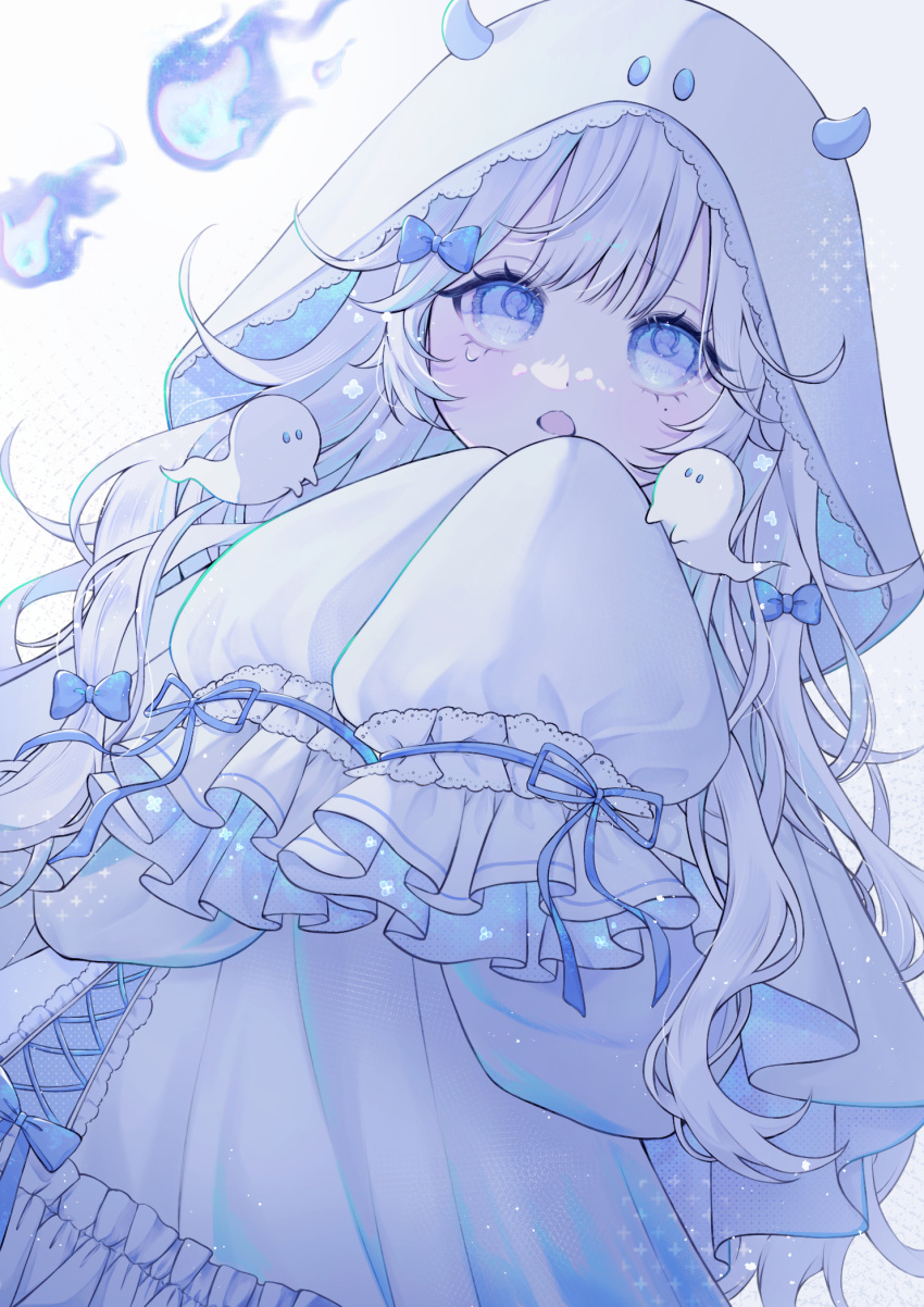 Safebooru - 1girl blue bow blue eyes blue fire blue theme blunt bangs blush bow dress fire ...