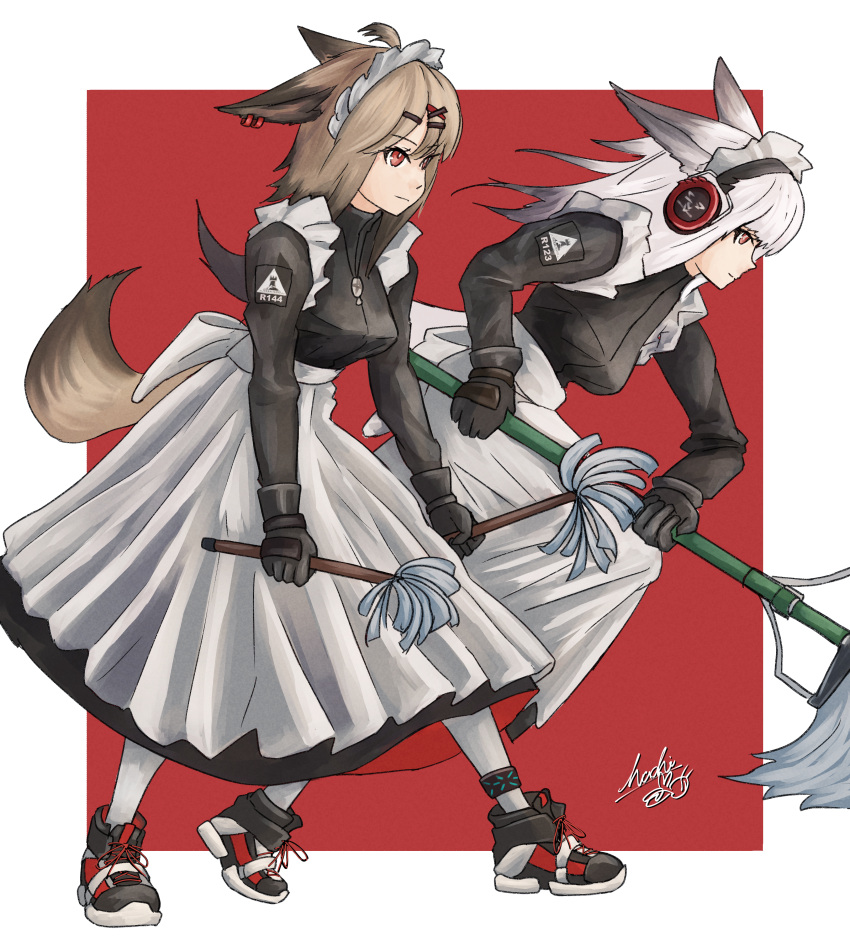 Safebooru - 2girls absurdres alternate costume animal ear piercing animal ears apron arknights ...