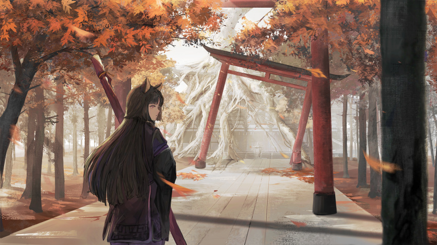 Safebooru - 1girl absurdres animal ears arknights autumn leaves black hair brown eyes building ...