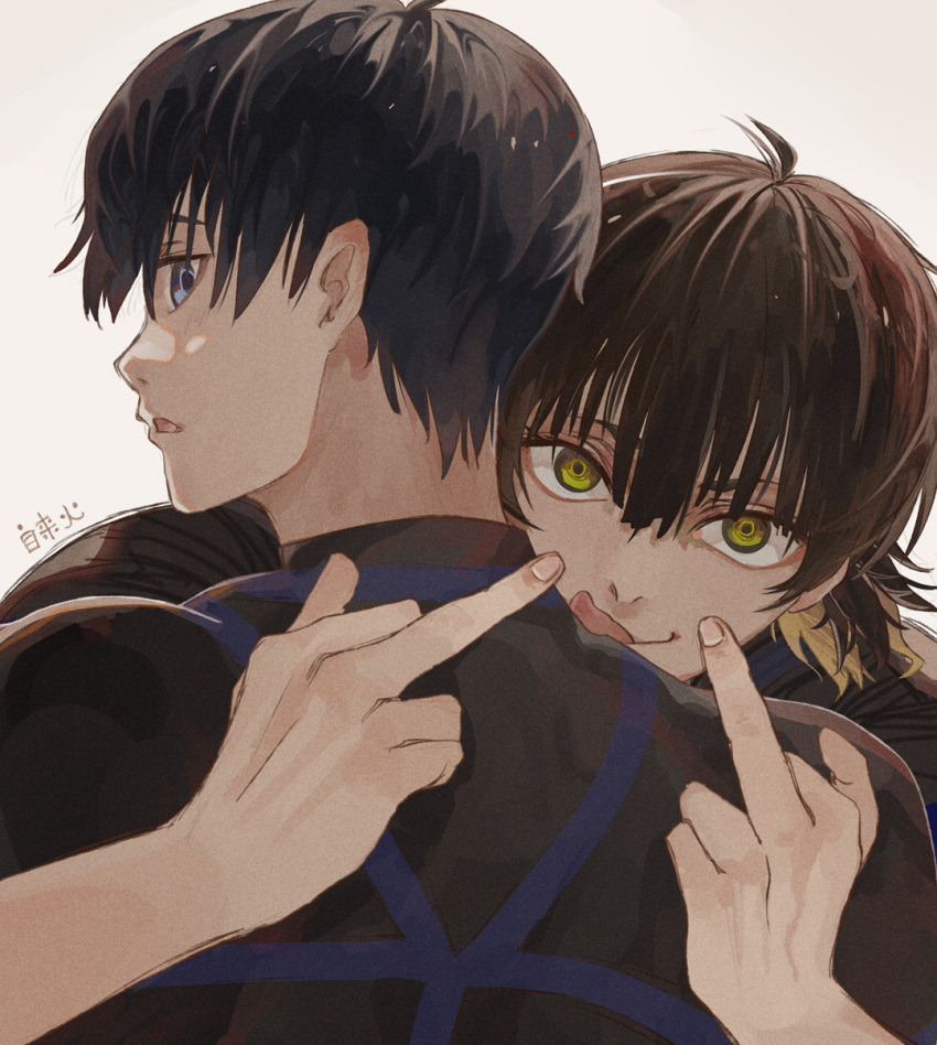 Safebooru - 2boys bachira meguru back black hair blonde hair blue eyes blue lock blue lock ...