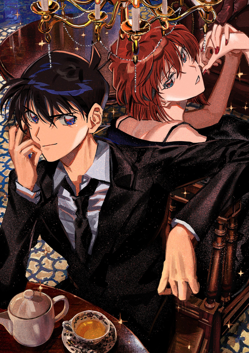 Safebooru - 1boy 1girl absurdres black dress black jacket black nails black necktie blue eyes ...
