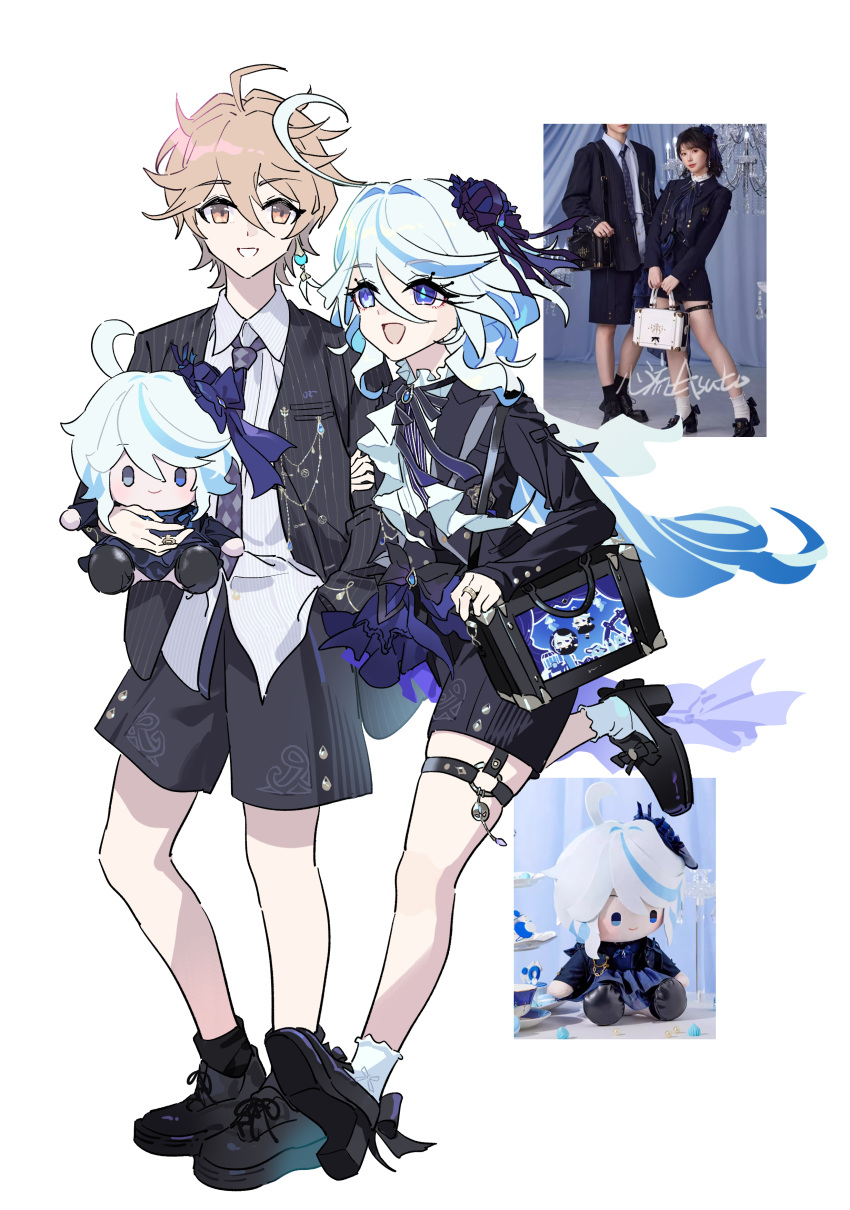 Safebooru - 1boy 1girl absurdres aether (genshin impact) ahoge alternate costume arm hug bag ...