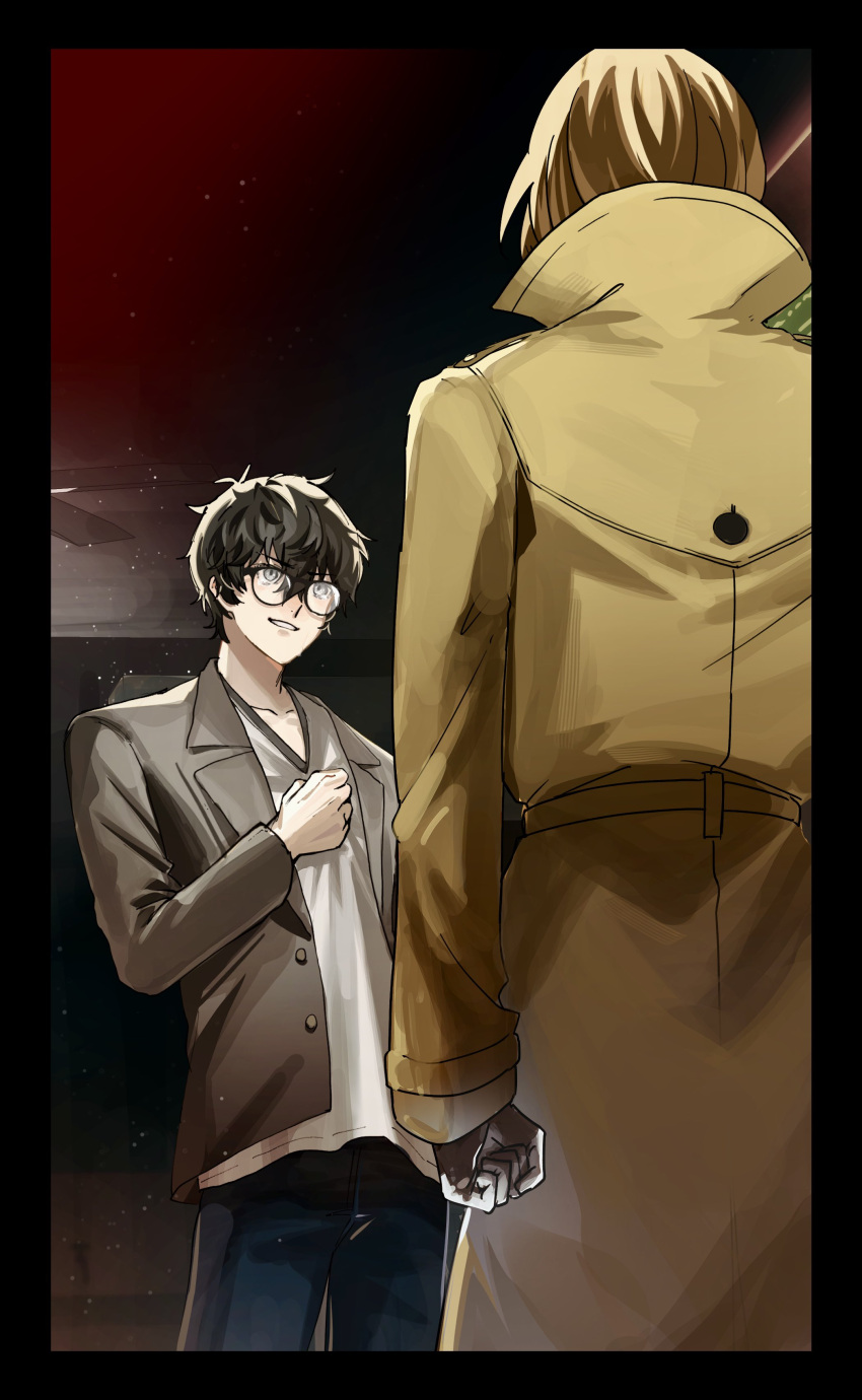 Safebooru - 2boys absurdres akechi gorou amamiya ren back black gloves black hair blue pants ...