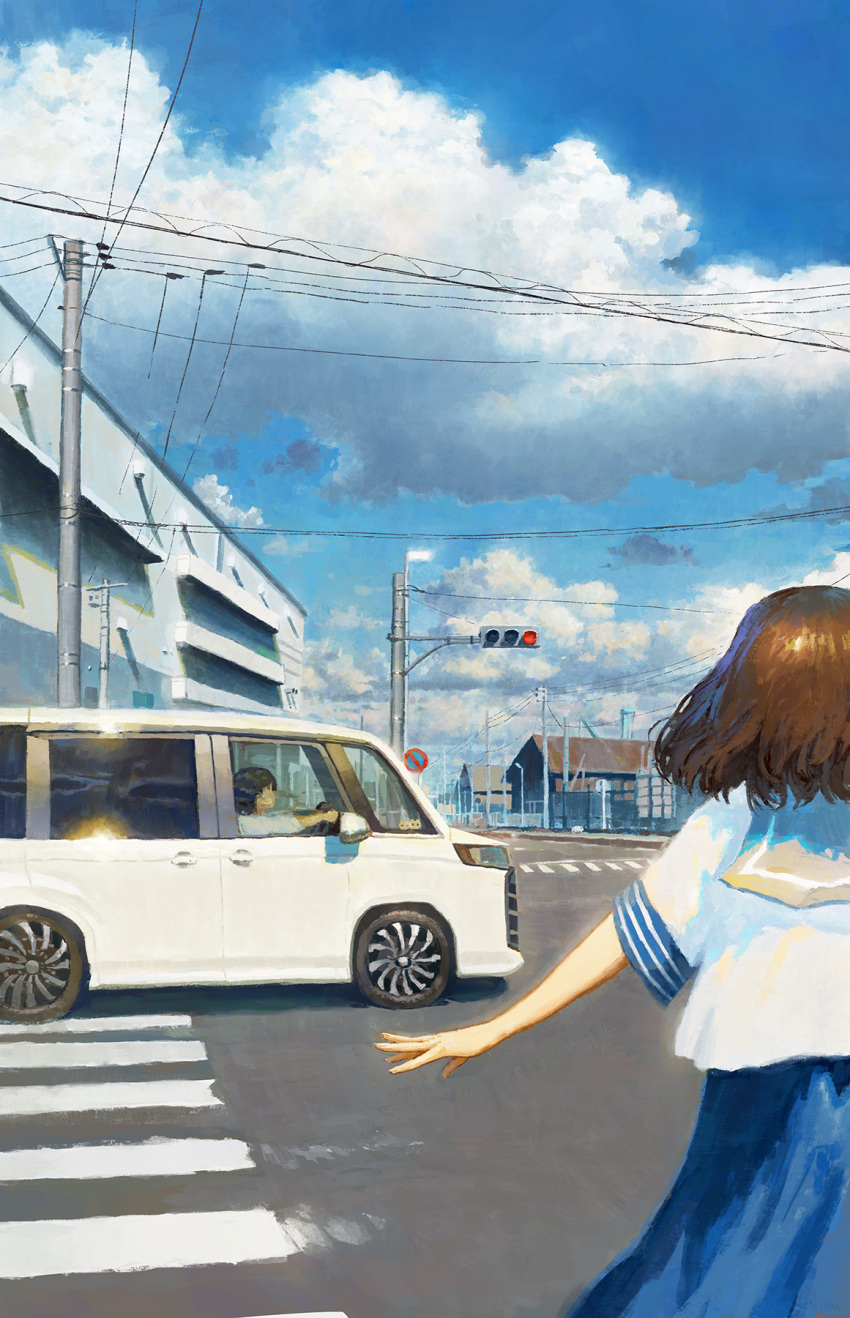 Safebooru - 1girl 1other blue sailor collar blue skirt brown hair building car clouds cloudy sky ...