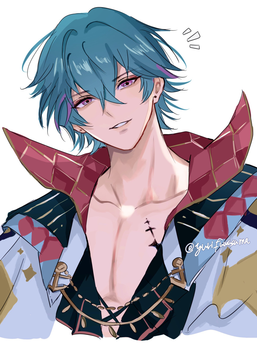 Safebooru - 1boy absurdres blue hair brant (wuthering waves) collarbone ear piercing grin ...
