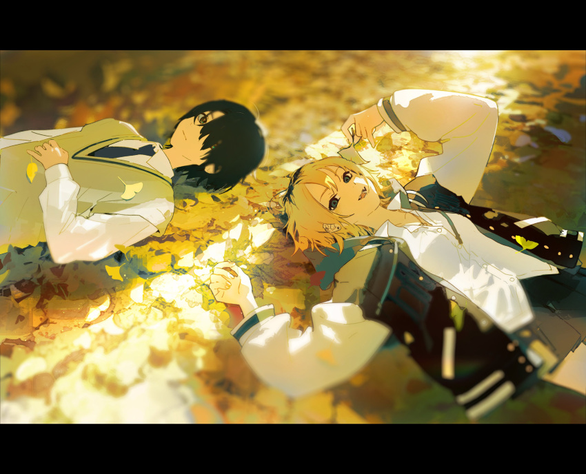 Safebooru - 1boy 1girl absurdres autumn autumn leaves blonde hair closed mouth day hand on own ...