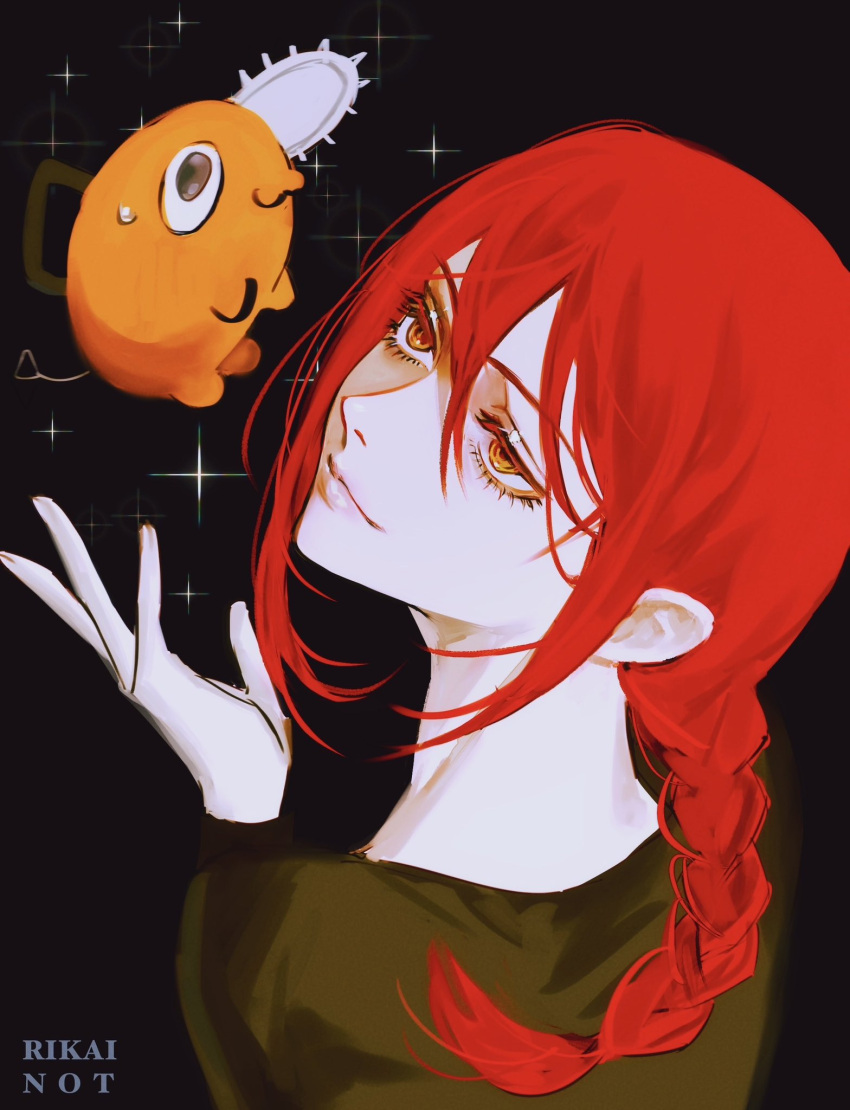 Safebooru - 1girl artist name black background braid chainsaw chainsaw man closed mouth hand up ...