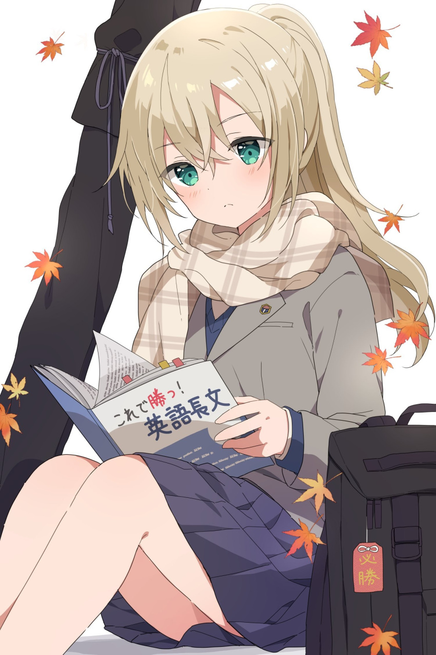 Safebooru - 1girl autumn leaves backpack bag blonde hair blue skirt blue sweater blush book ...