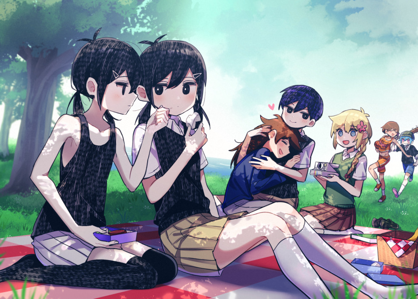 Safebooru - 2boys 5girls :d ankle socks antenna hair armpits aubrey (faraway) (omori) aubrey ...
