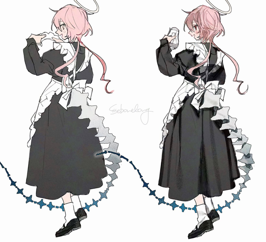 Safebooru - 1girl apron artist name black shoes full body halo holding ...