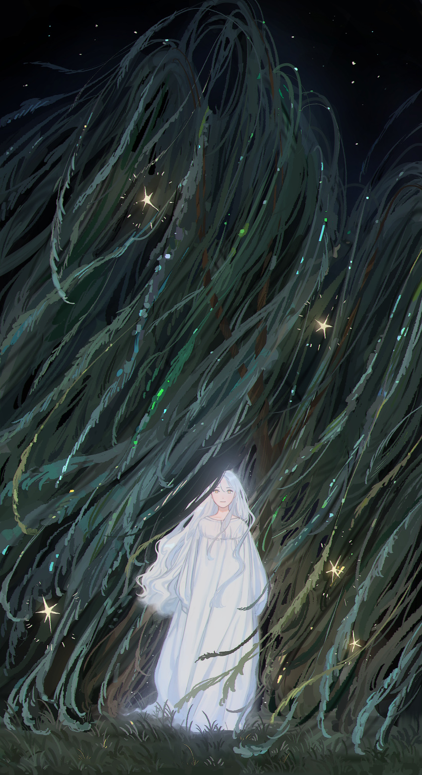 Safebooru - 1girl absurdres aki a0623 closed mouth dress foliage glowing glowing skin grass ...