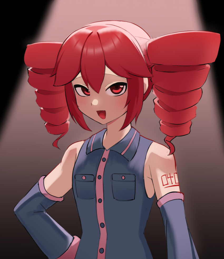 Safebooru - 1girl :d bare shoulders black shirt black sleeves breast pocket buttons commentary ...