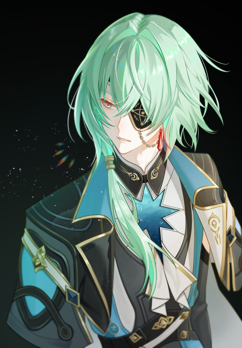 Safebooru - 1boy anaxa (honkai: star rail) aqua hair black jacket chain earrings eyepatch ...