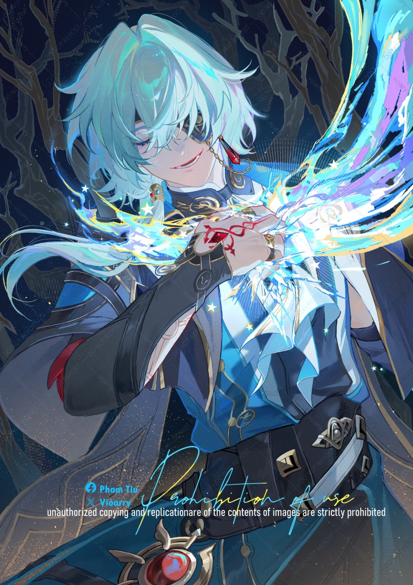 Safebooru - 1boy absurdres anaxa (honkai: star rail) aqua hair black jacket chain closed eyes ...