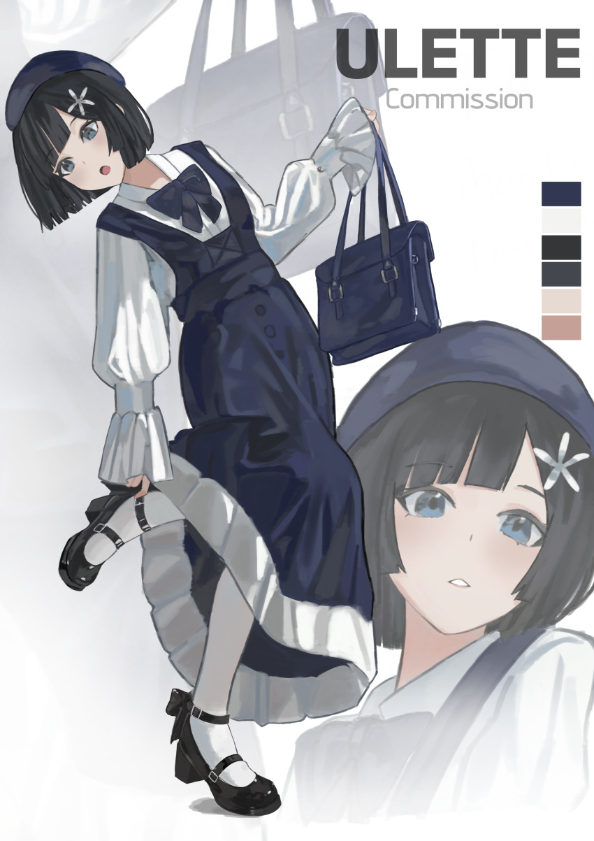 Safebooru - 1girl absurdres beret black hair black shoes blue bag blue dress blue eyes blue hat ...