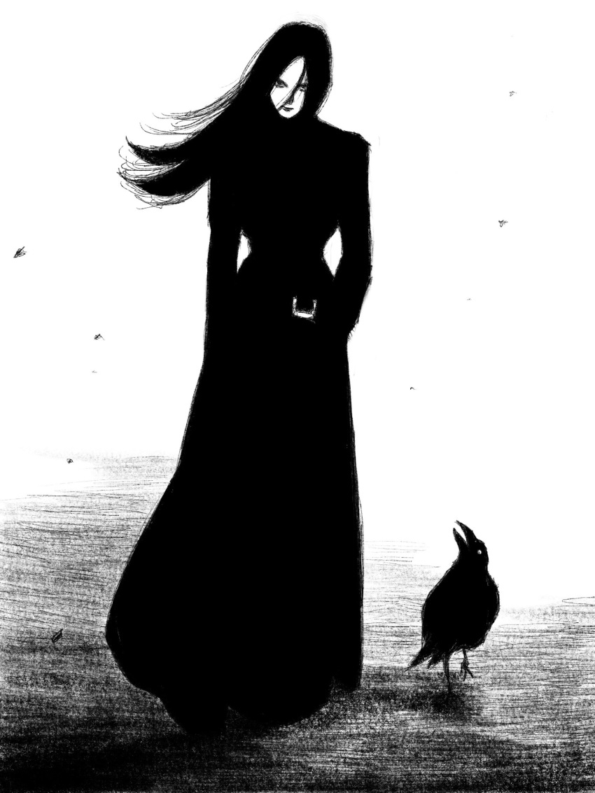 Safebooru - 1girl bird crow dress expressionless full body greyscale ...