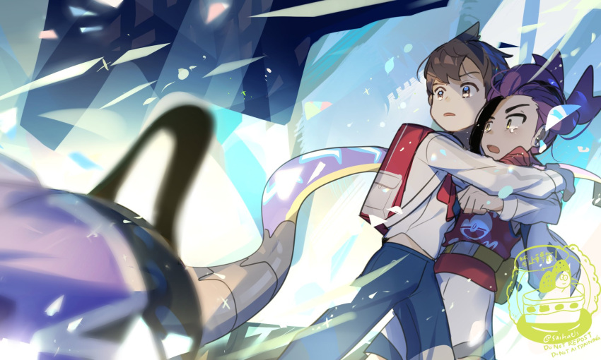 Safebooru - 2boys black hair blue pants brown hair highres hug kieran (pokemon) male focus ...