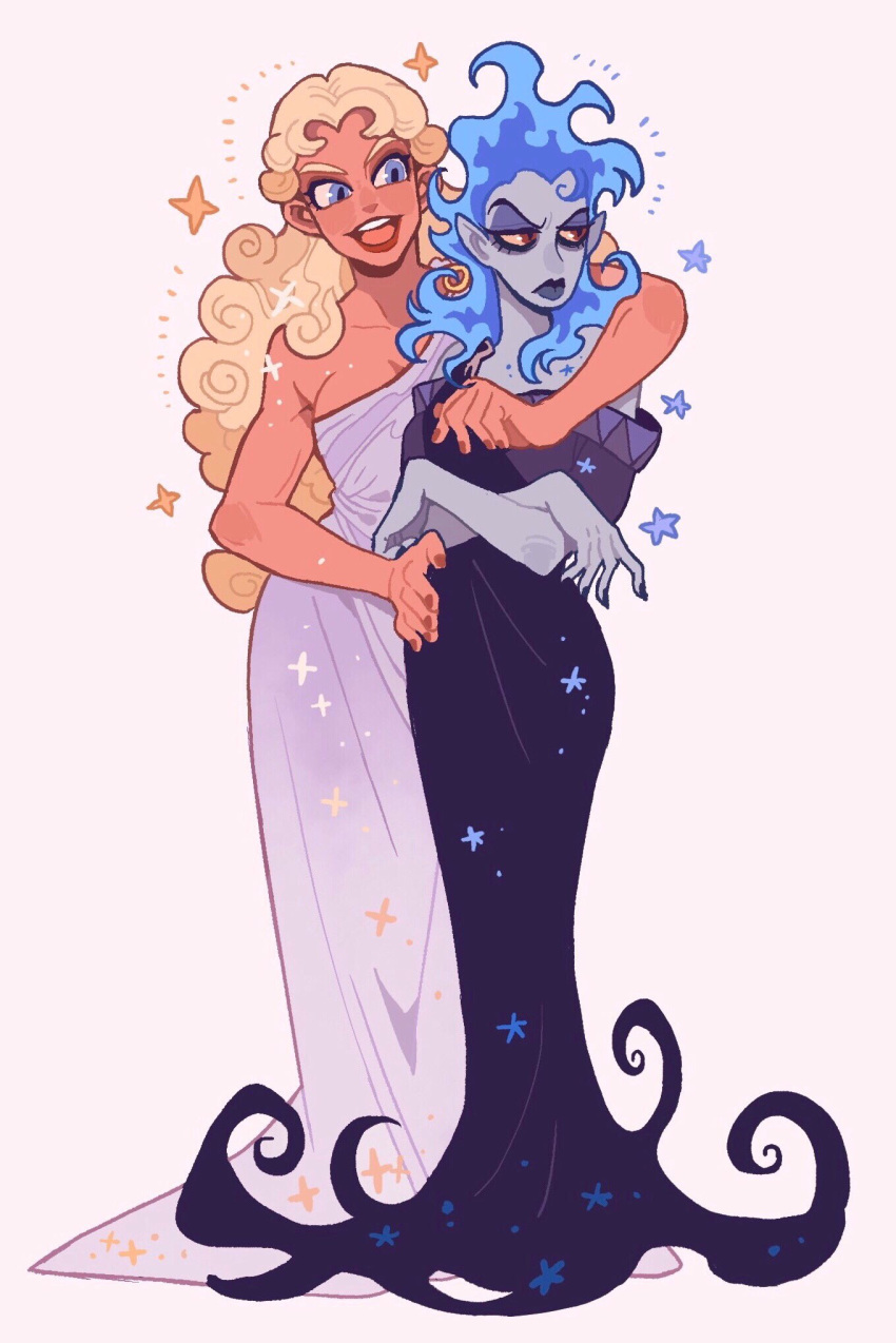 Safebooru - 2girls blonde hair blue hair colored skin commentary dress ...