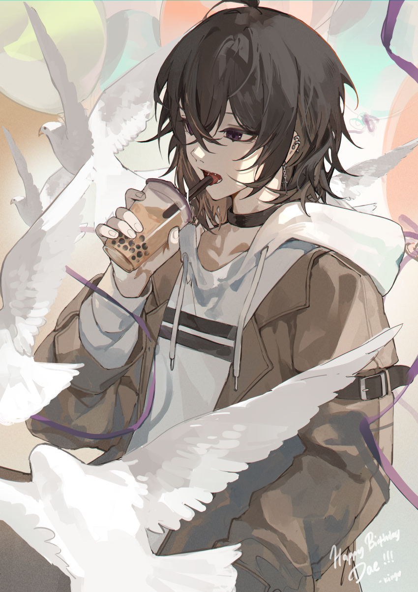 Safebooru - 1boy absurdres angel bird black choker brown hair bubble tea choker cup dove ...
