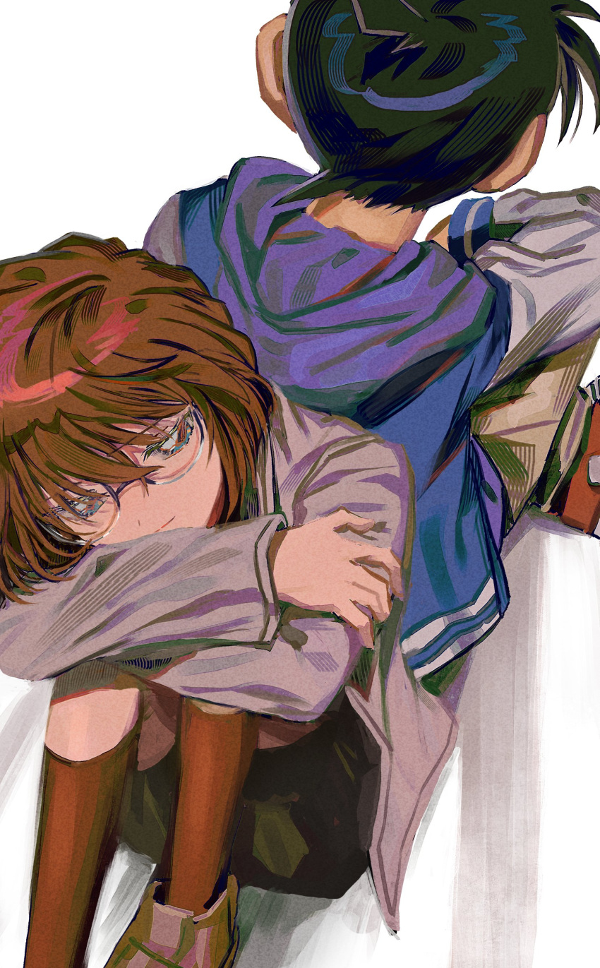 Safebooru - 1boy 1girl absurdres back back-to-back black shorts brown hair brown socks closed ...