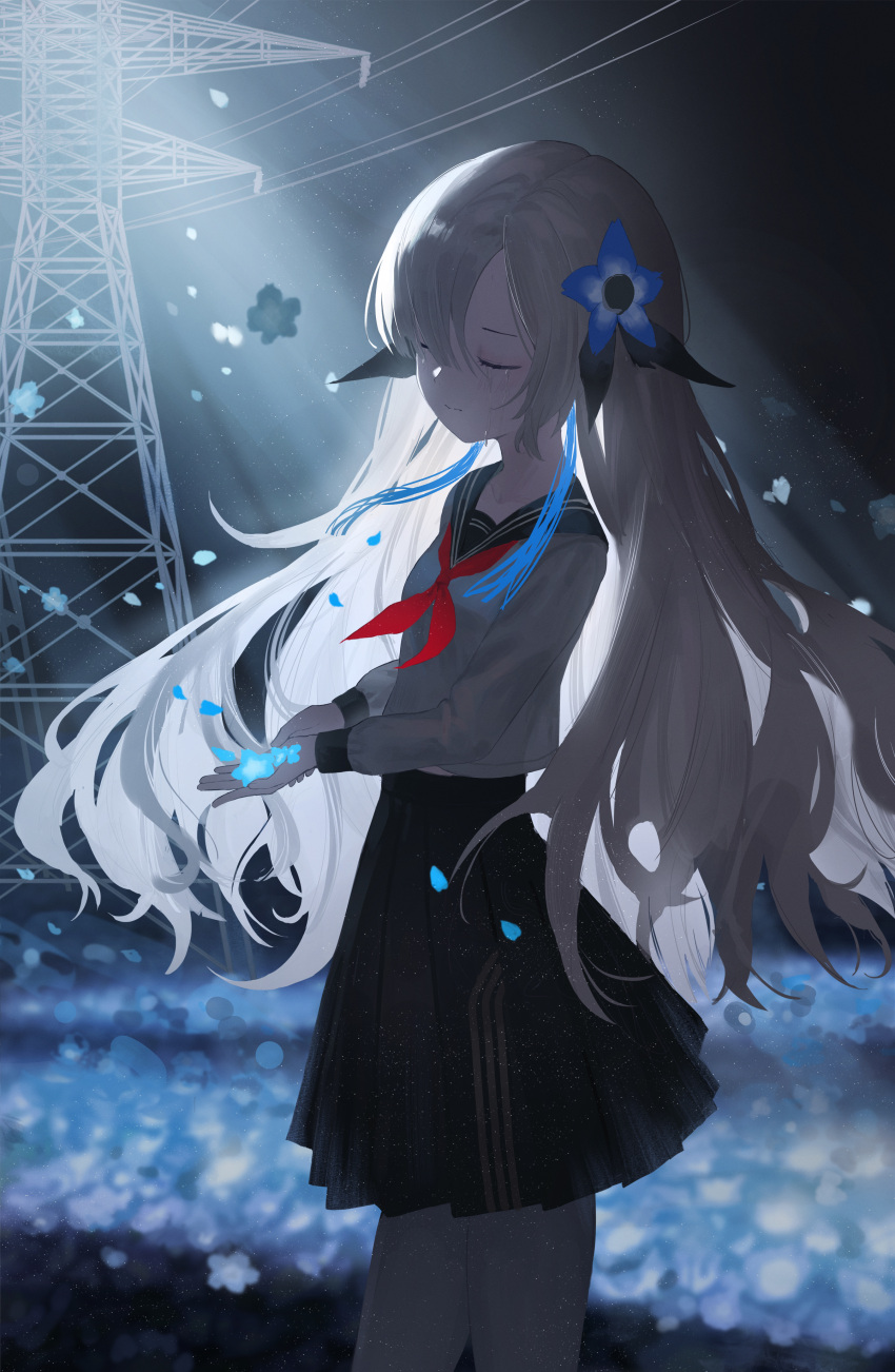 Safebooru - 1girl absurdres black sailor collar black skirt blue flower closed eyes closed mouth ...