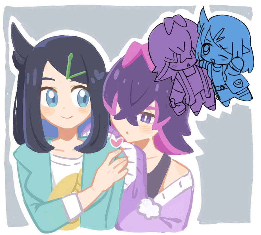 Safebooru - 2girls black hair blue hair blue jacket chibi chibi inset ...