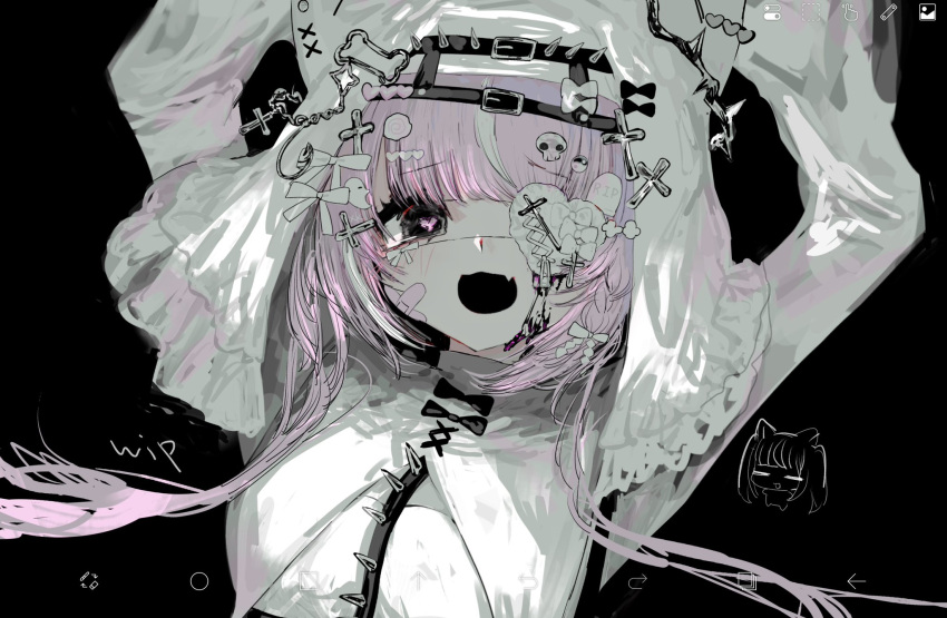 Safebooru - 1girl arms up belt black background black belt black eyes chibi dress fang heart ...