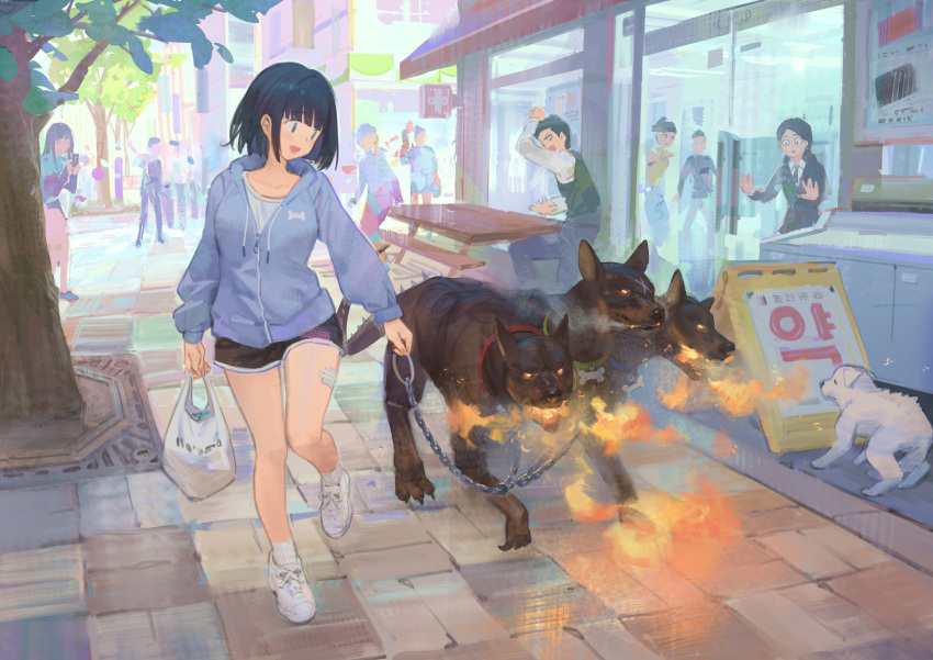 Safebooru - 1girl :d absurdres bag black hair black shorts blue eyes blue jacket bob cut breath ...
