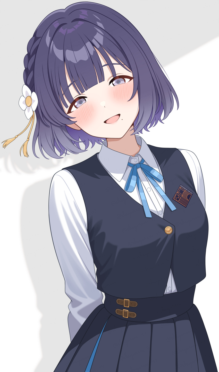 Safebooru - 1girl absurdres arms behind back black overskirt black vest blue ribbon blunt bangs ...