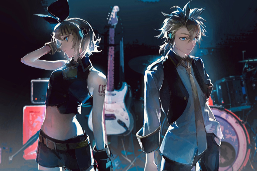 Safebooru - 1boy 1girl black pants black shorts black vest blonde hair blue eyes closed mouth ...