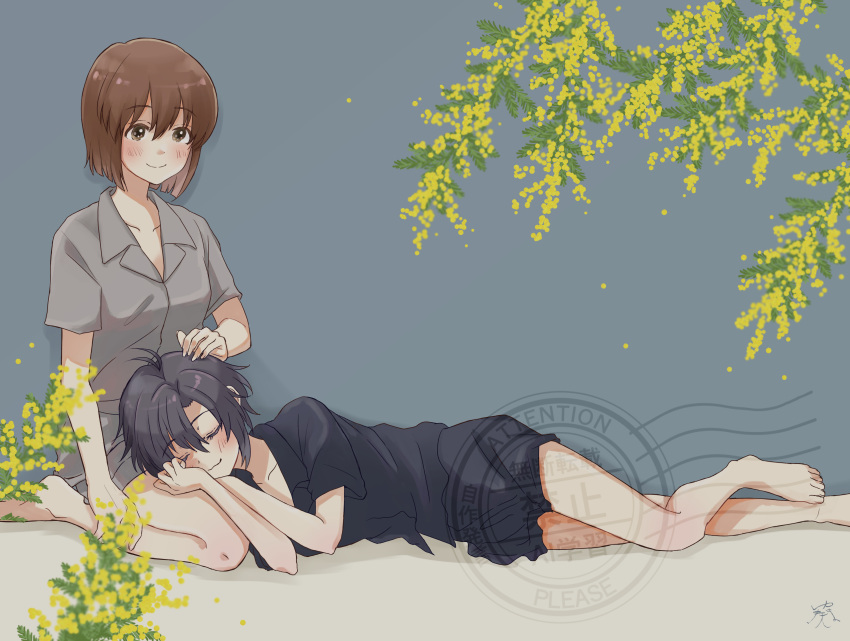 Safebooru - :3 absurdres antenna hair aoaoaoaoiao barefoot bed black hair black shirt bob cut ...