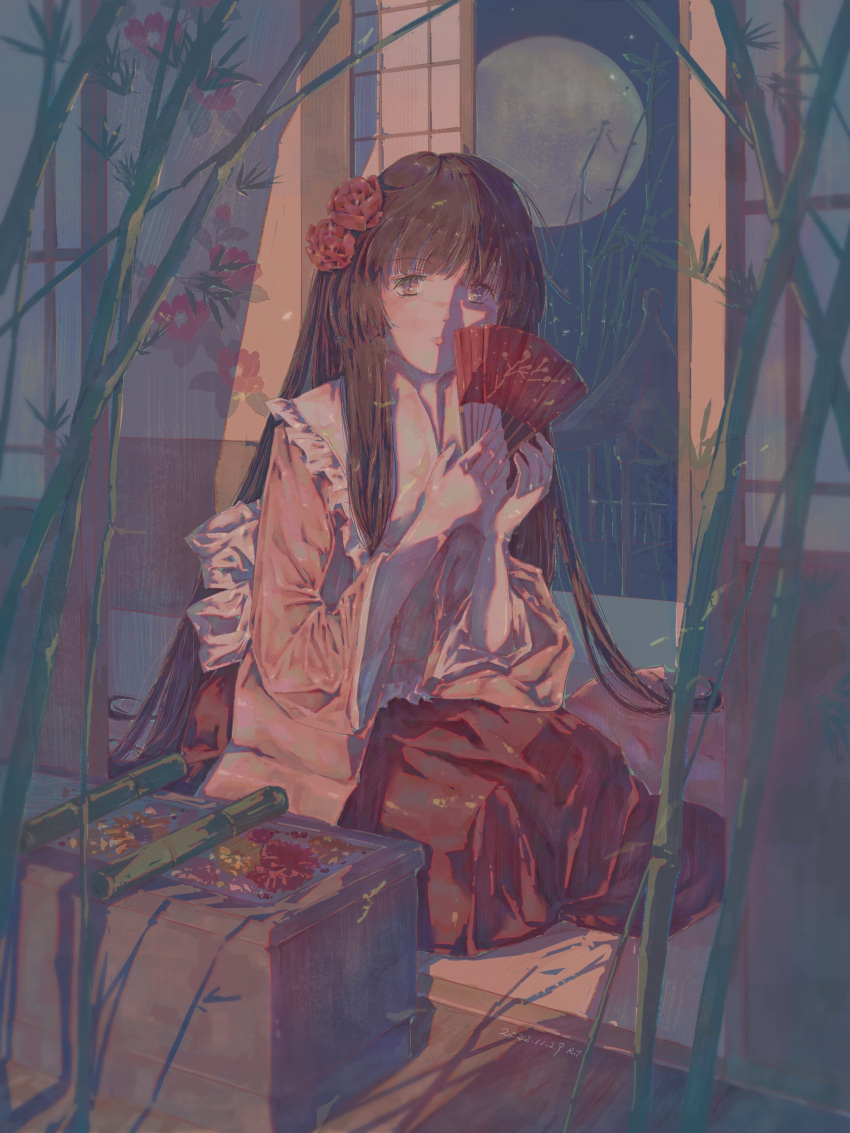 Safebooru - 1girl absurdres bamboo black hair brown hair gensou getsumen rt hand fan highres ...
