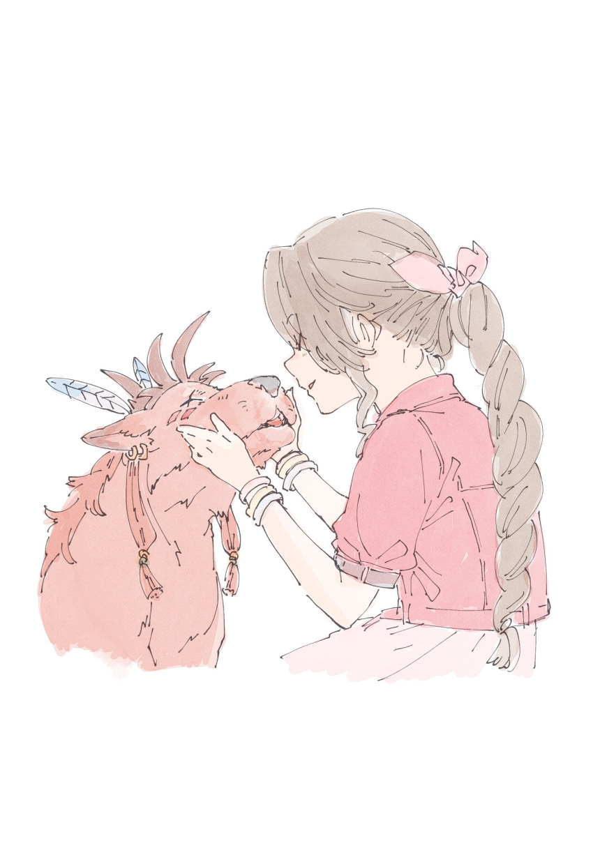 Safebooru - 1boy 1girl aerith gainsborough animal animal earrings bangle beads bracelet braid ...