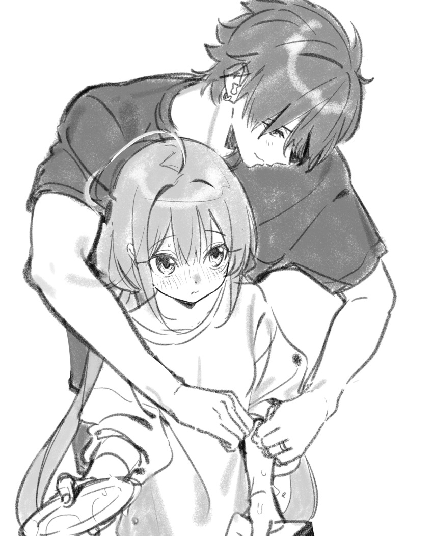 Safebooru - 1boy 1girl absurdres adjusting sleeves blush couple embarrassed greyscale hetero ...