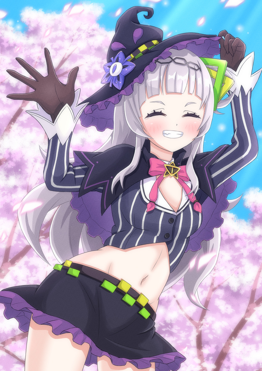 Safebooru - 1girl a5hio absurdres black hat black skirt blue sky brown gloves cherry blossoms ...