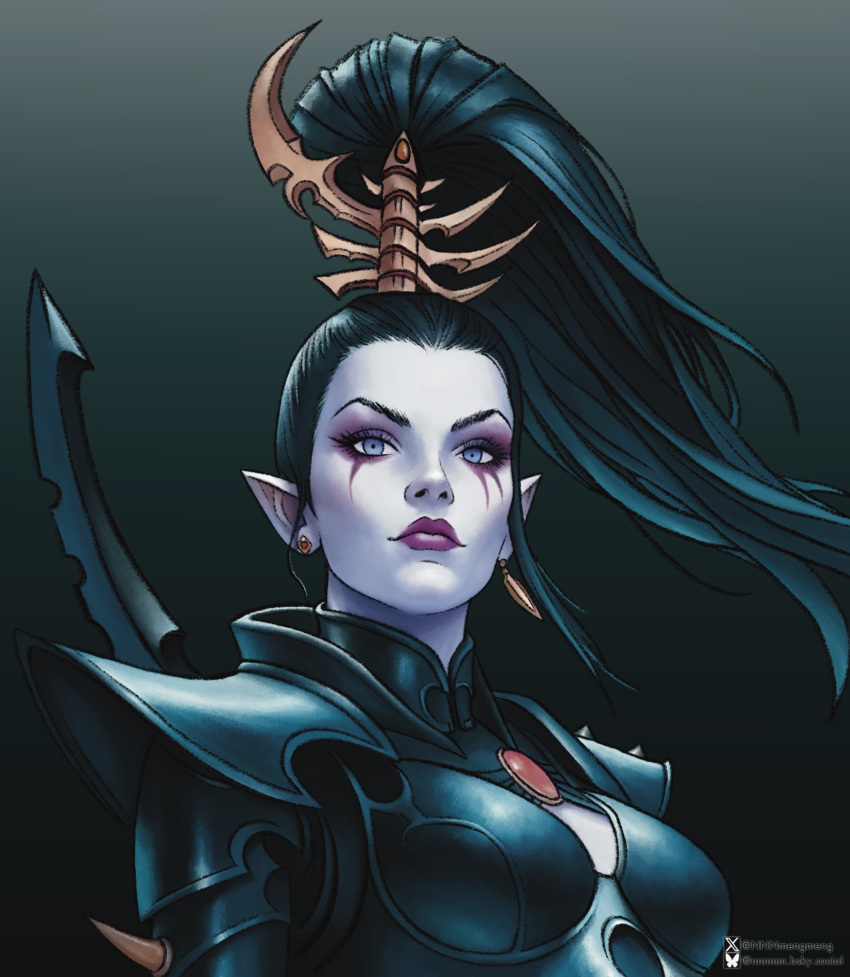 Safebooru - 1girl armor black armor black hair blue eyes closed mouth dark eldar earrings ...