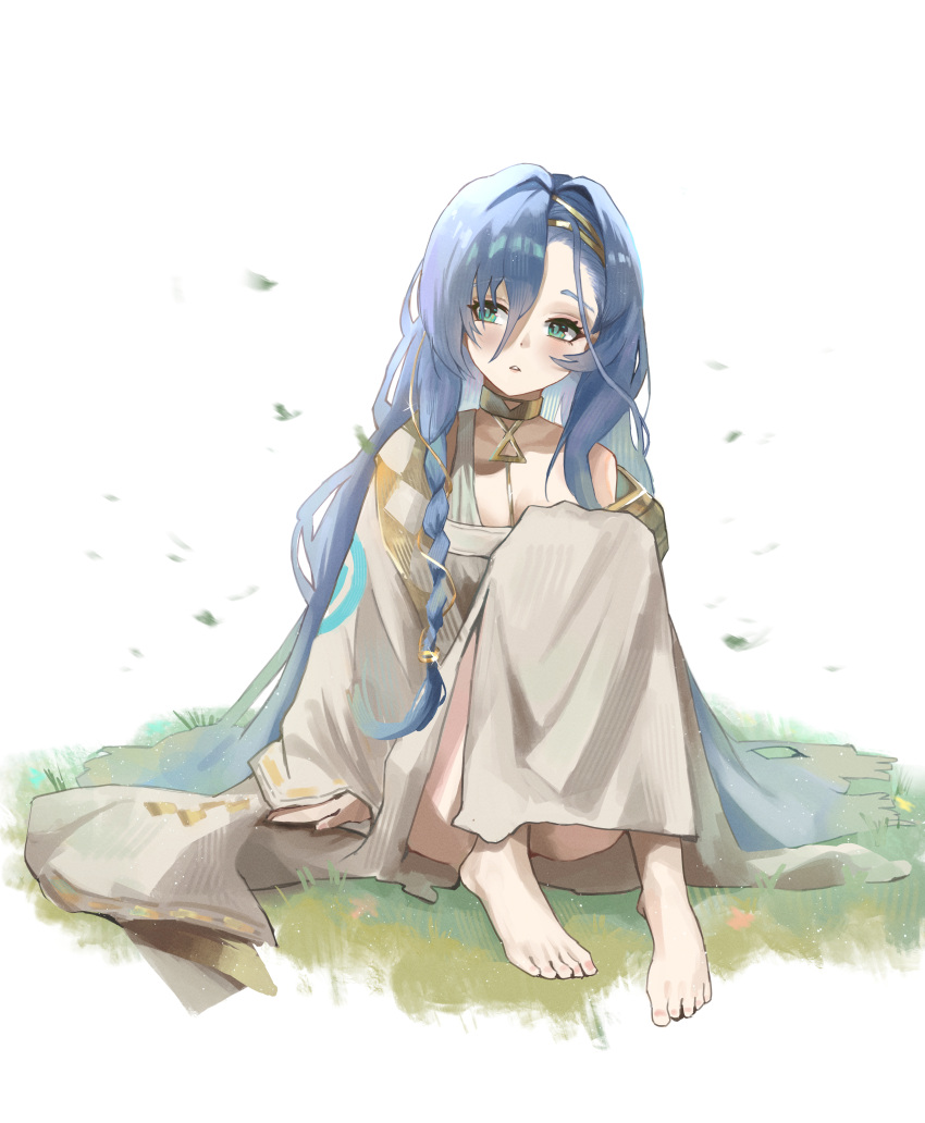 Safebooru - 1girl 37 (reverse:1999) absurdres ancient greek clothes arm support barefoot blue ...