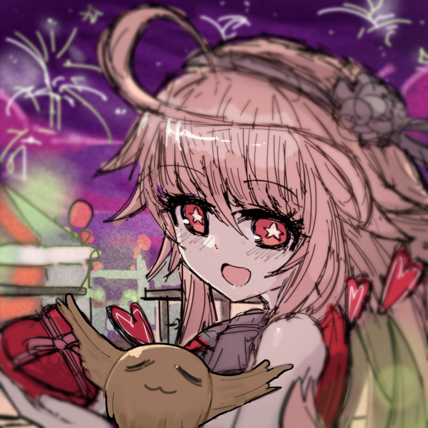 Safebooru - 1girl :d absurdres aerial fireworks ahoge bare shoulders black flower black rose ...