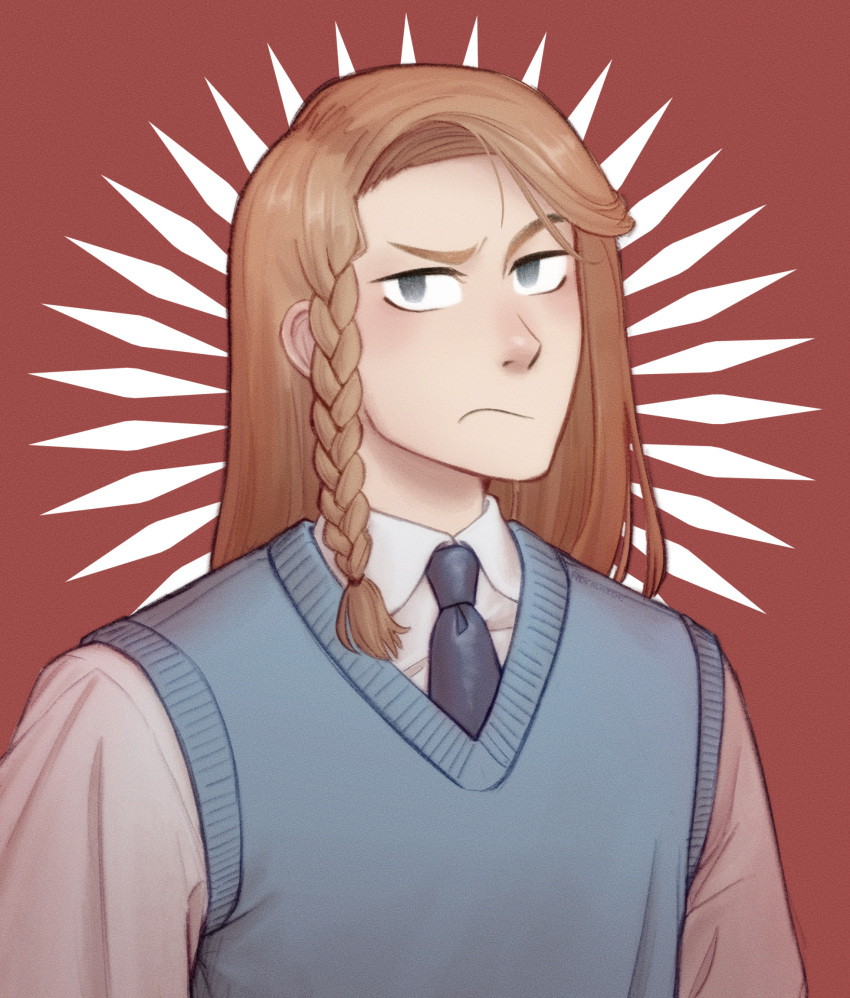 Safebooru - 1boy ambition plot blue eyes blue necktie blue sweater vest braid brown hair closed ...