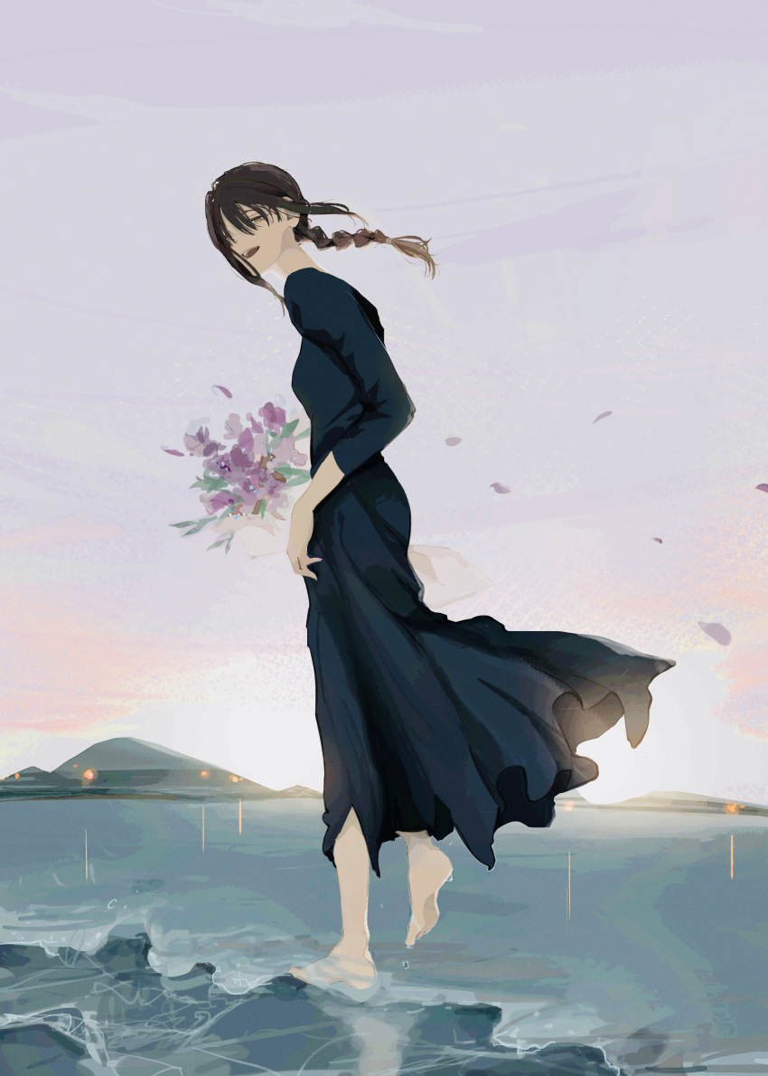 Safebooru - 1girl absurdres barefoot black dress bouquet braid braided ponytail breasts brown ...