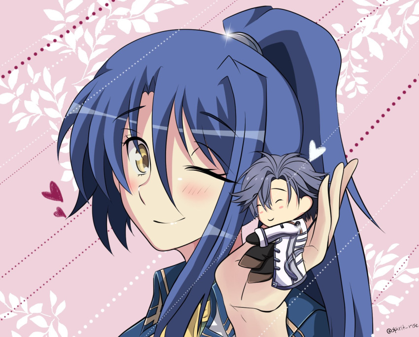 Safebooru - 1boy 1girl ahoge black hair blue hair chibi commission curtained hair eiyuu densetsu ...