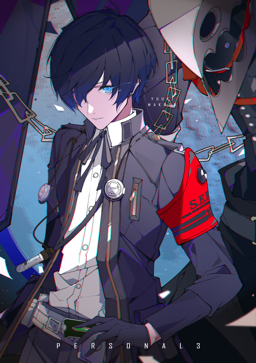 Safebooru - 1boy absurdres black gloves black jacket blue eyes blue hair chain gloves gugugu ...