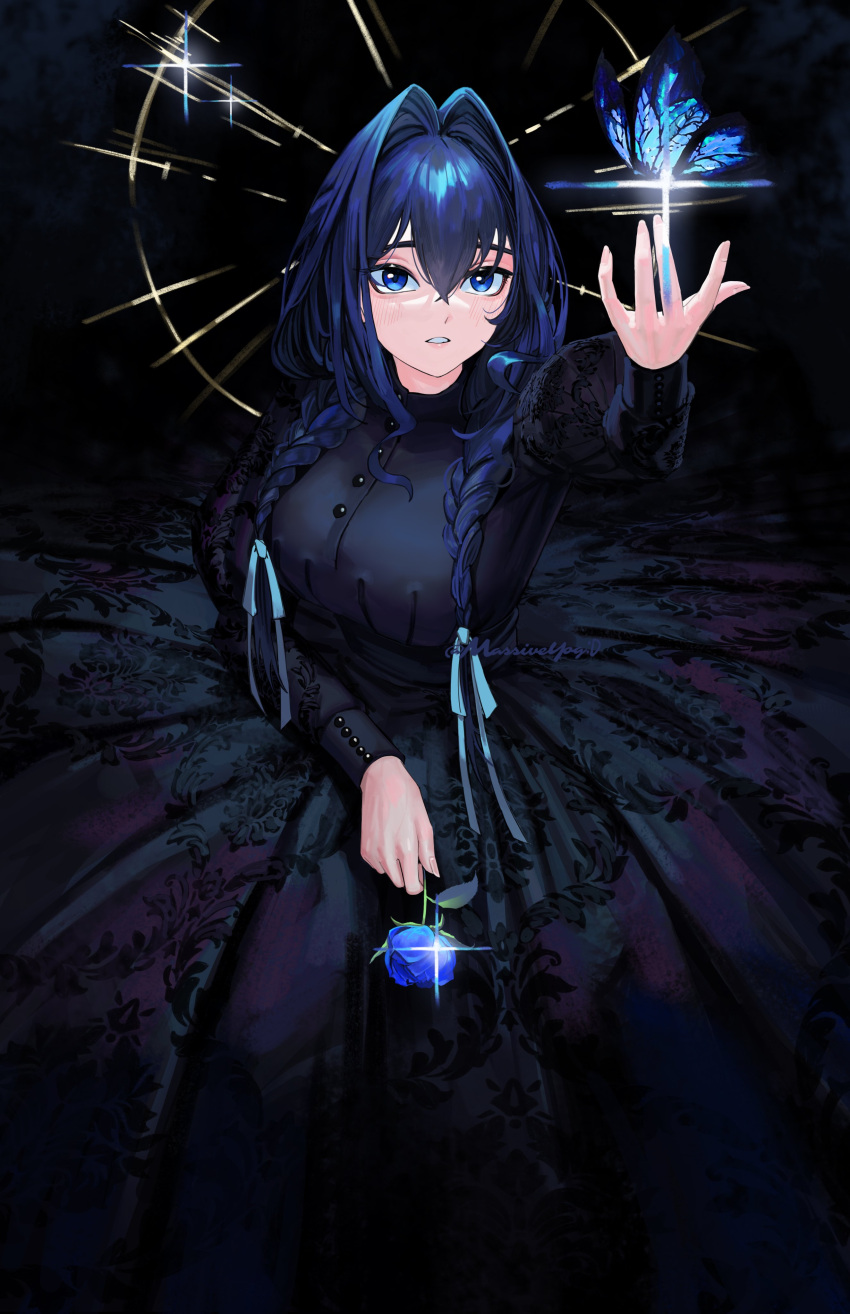 Safebooru - 1girl absurdres black dress blue butterfly blue eyes blue flower blue hair blue ...