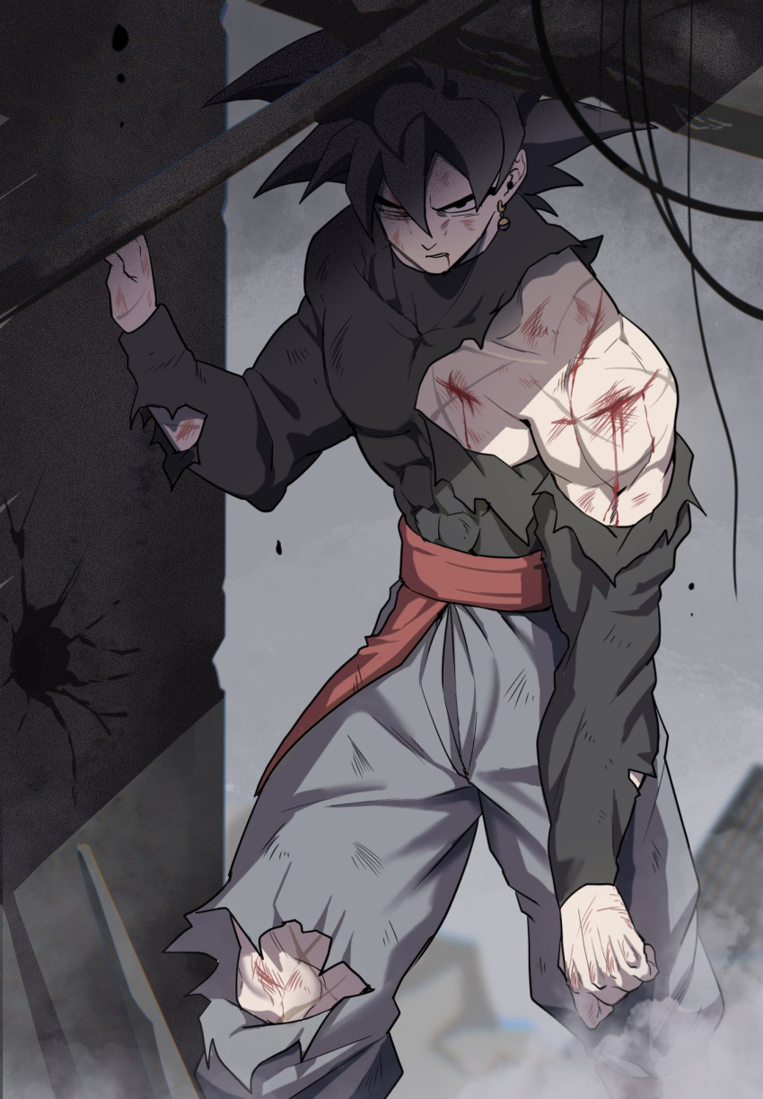 Safebooru - 1boy battle damage black hair black shirt blood on shoulder cowboy shot dragon ball ...
