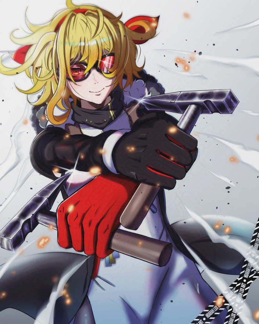 Safebooru - >:) 1girl black coat black scarf black sleeves blonde hair blush bow closed mouth ...