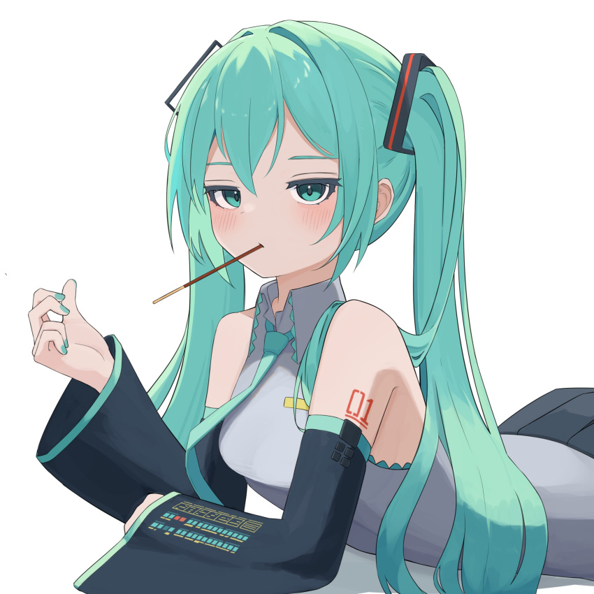 Safebooru - 1girl absurdres aqua eyes aqua hair aqua nails aqua necktie bare shoulders black ...